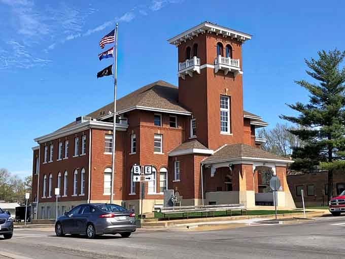 Potosi's historic courthouse stands tall with its distinctive tower, serving as the heart of this charming eastern Missouri town for generations.