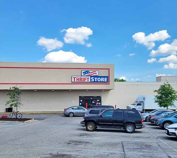 The crowded parking lot reveals this patriotic-themed store's popularity among locals who appreciate American-sized bargains and selection.
