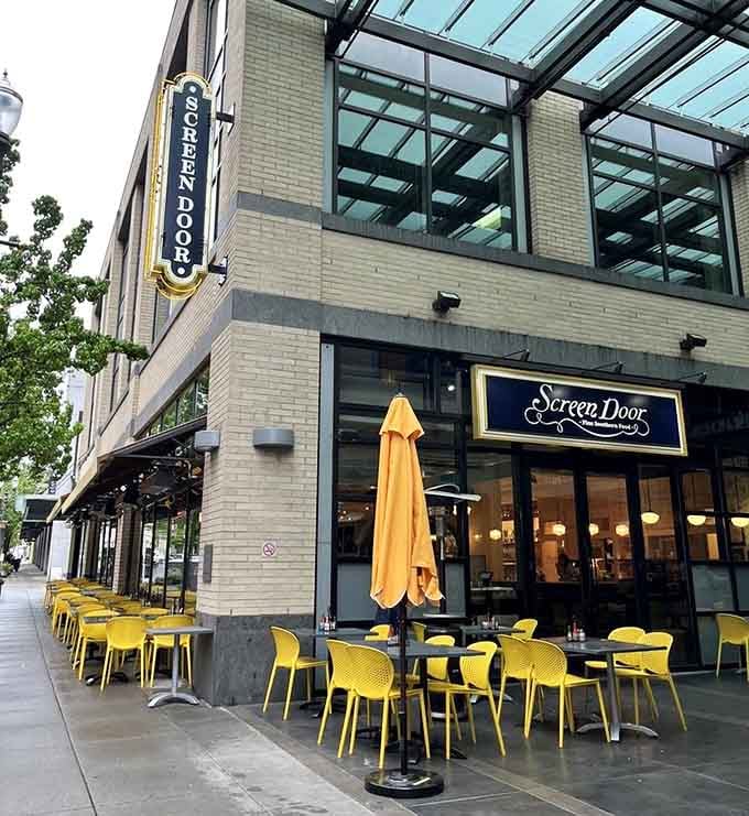 Those cheerful yellow chairs practically beg you to sit down for Southern comfort food in downtown Portland.