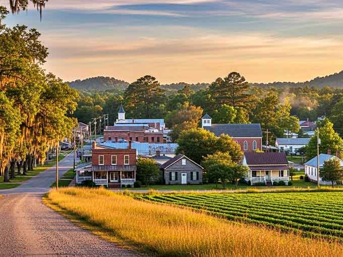 Morning mist rises over fields and rooftops, creating a scene peaceful enough to lower anyone's blood pressure.