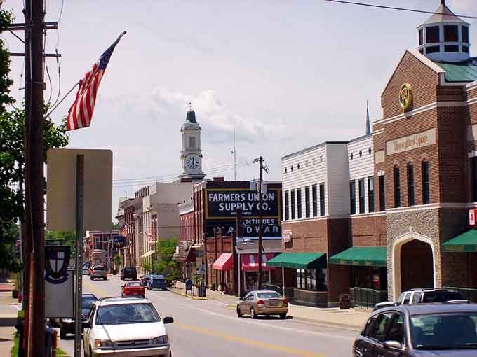 That historic building adds a storybook charm to this thoroughly American main street scene.