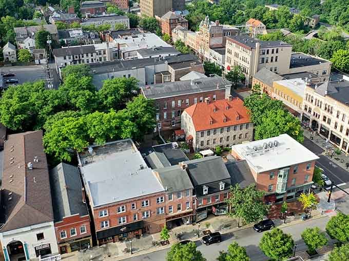 Bethlehem&rsquo;s charming streets offer you a scenic aerial view of historic brick architecture and lush greenery during a peaceful afternoon.