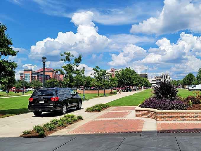 Manicured lawns and brick pathways show off the kind of civic pride that makes a city feel welcoming.