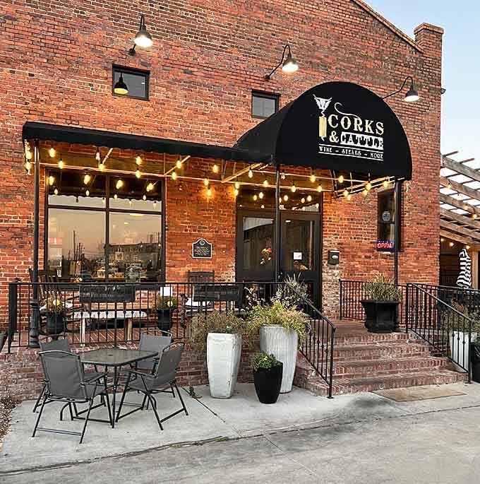 String lights and outdoor seating at golden hour make this historic building the perfect spot for celebration dinners.