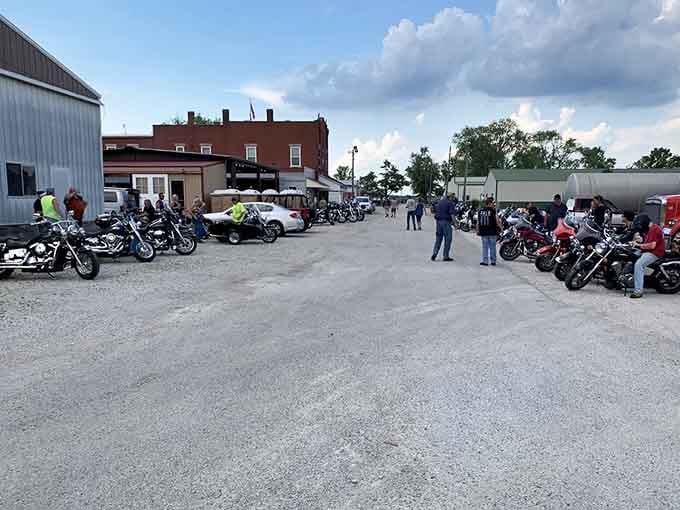 Motorcycles lined up like chrome soldiers prove this quiet town knows how to throw a proper gathering.