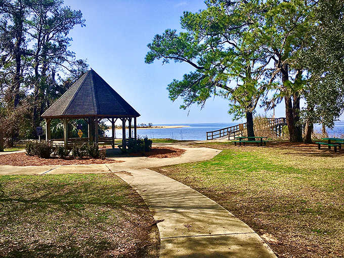 Waterside gazebos offer shaded spots for contemplating life's important questions, like what's for lunch today.