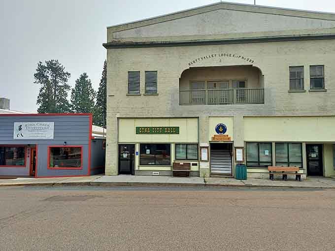 The old lodge building watches over Main Street like a grandfather keeping an eye on his beloved grandchildren below.