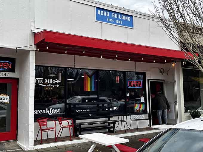 Nestled in a historic building, this cafe's storefront windows and festive lights blend old-world charm with modern comfort.