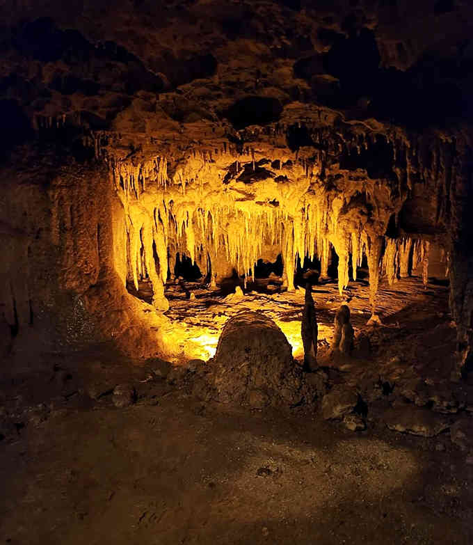 Amber lighting transforms limestone formations into an otherworldly palace that took nature eons to sculpt beneath our feet.