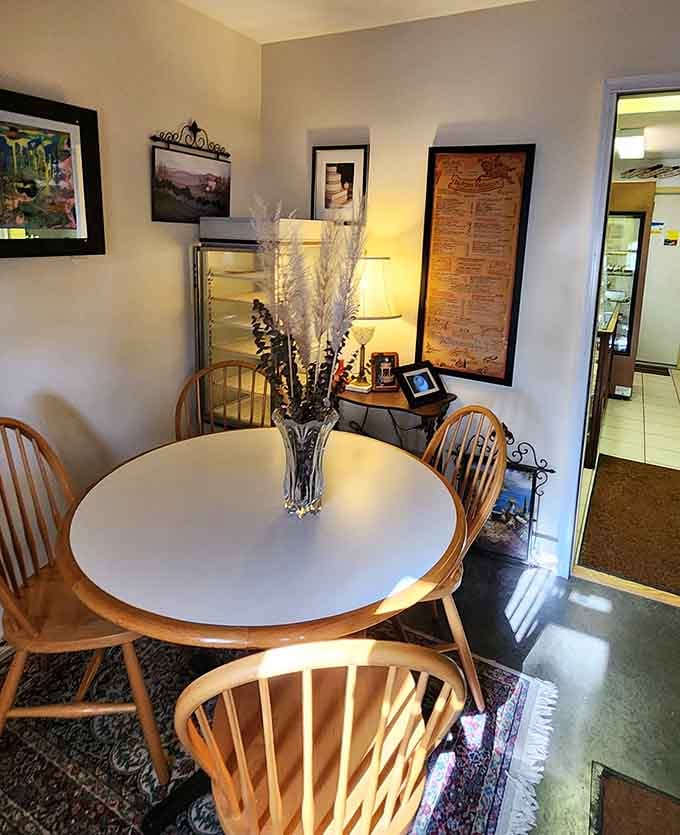 Inside, warm lighting and comfortable seating create the perfect atmosphere for chocolate contemplation and conversation.