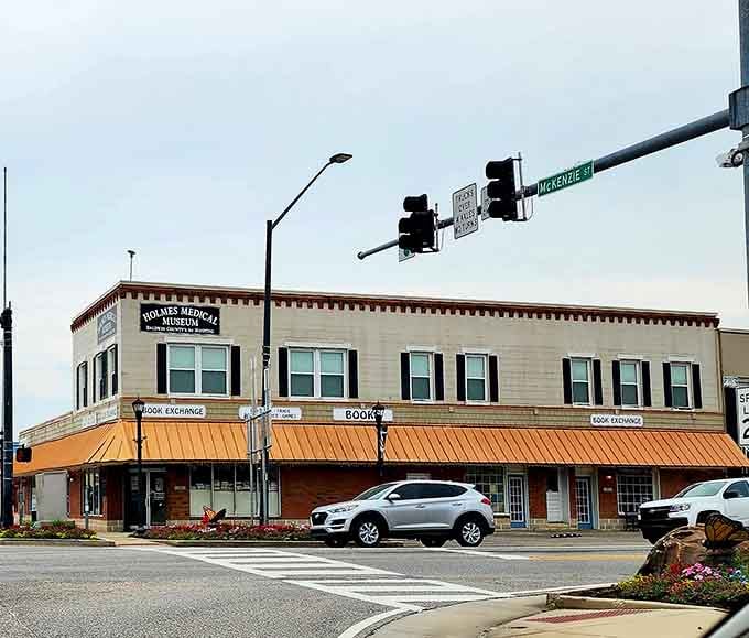 The vintage storefront architecture speaks to a time when downtown buildings were crafted with pride and attention to detail.