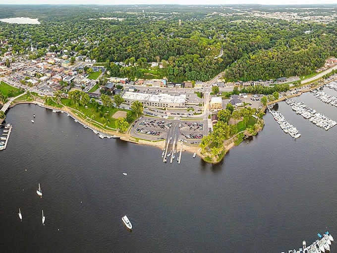 Where the St. Croix meets downtown, boats bob peacefully while the town rises up like an amphitheater overlooking nature.