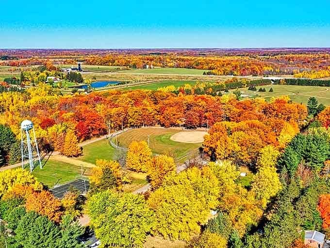 Fall foliage exploding in orange and gold makes this landscape look like someone spilled a painter's palette across the countryside.
