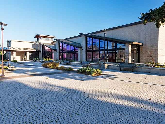 Modern architecture meets thoughtful design in these plaza spaces where families gather freely under clear blue skies.
