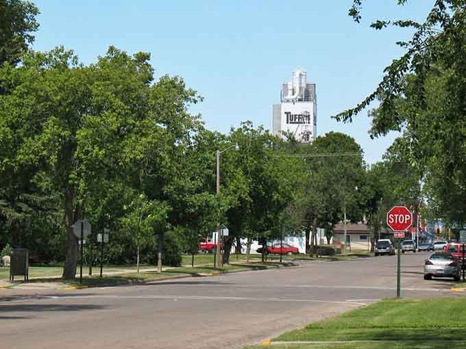 Tree-lined streets lead to a grain elevator rising like a beacon over this peaceful agricultural community.