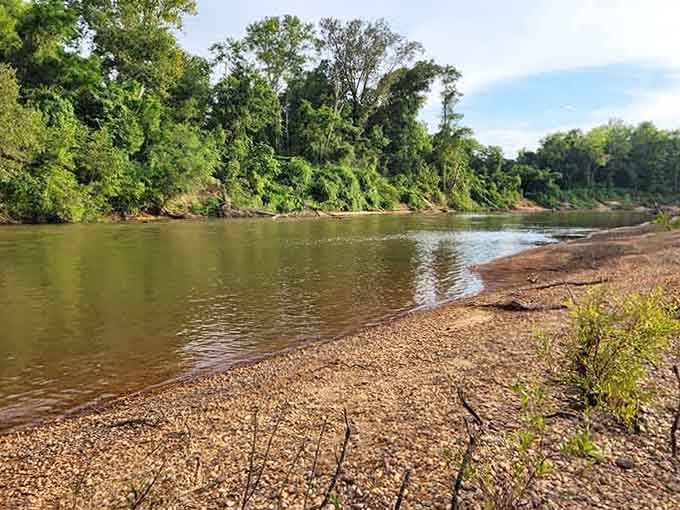 The river bends gently past sandy shores, creating a landscape that's been quietly beautiful for generations of wanderers and dreamers.