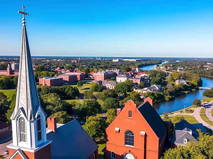 Church spires reach heavenward above colorful rooftops, while the river curves protectively around this historic riverside community.