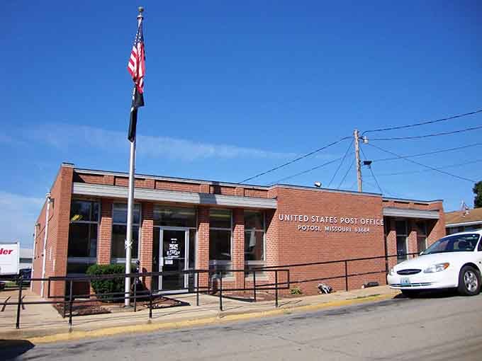 The solid brick post office in Potosi represents the lasting quality of public buildings and the town's commitment to preserving its heritage.
