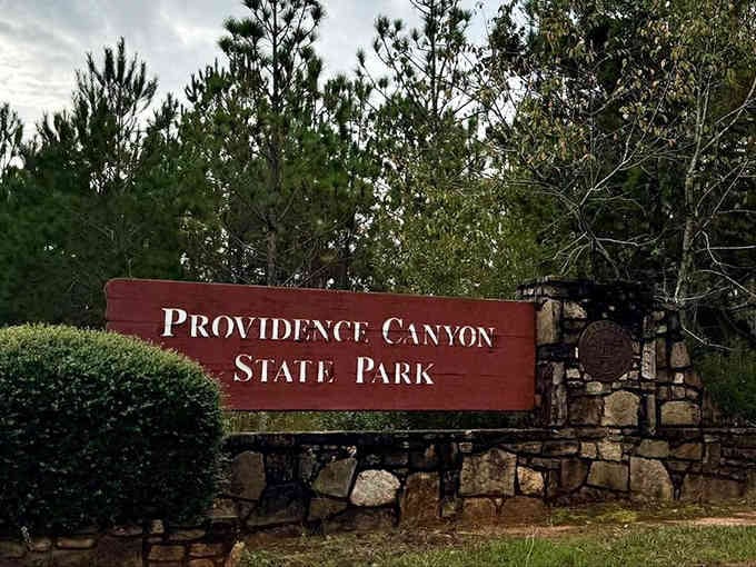 The rustic stone entrance sign welcomes visitors to natural wonders that rival anything out West, right here in Georgia.