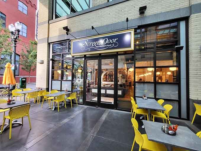 The inviting entrance promises fried chicken and biscuits worth every minute you'll wait in line.