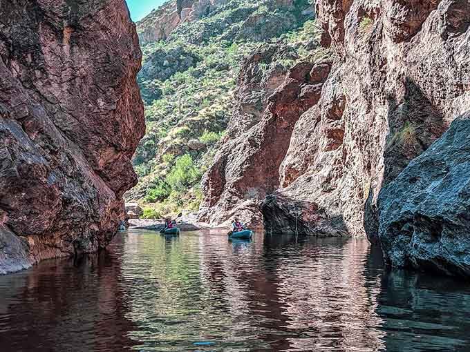Paddling through narrow canyon passages feels like exploring a secret world that forgot to advertise its existence properly.