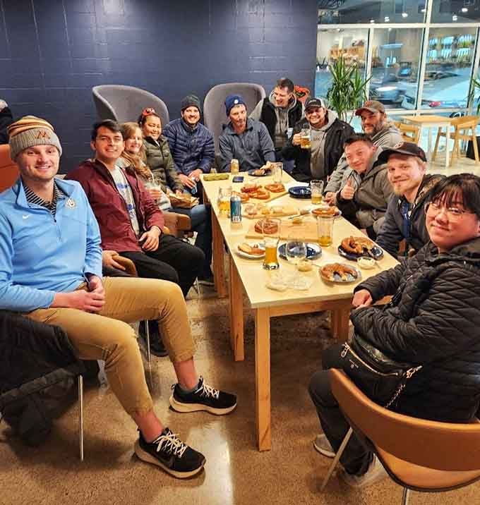 Nothing says community like a big table full of happy people sharing pretzels, beer, and good conversation.