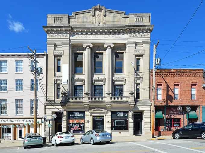 The Masonic Temple's grand facade stands as a testament to Alton's architectural heritage and community pride.