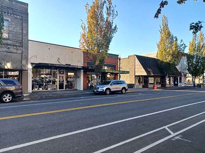 Downtown shops nestled under autumn trees, creating that perfect backdrop for your between-mural shopping therapy sessions.