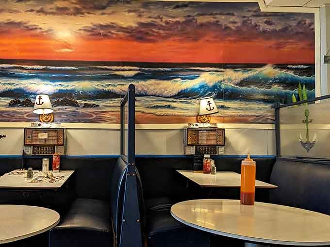 Ocean sunset murals transport you somewhere peaceful while you enjoy breakfast that's anything but ordinary diner fare.