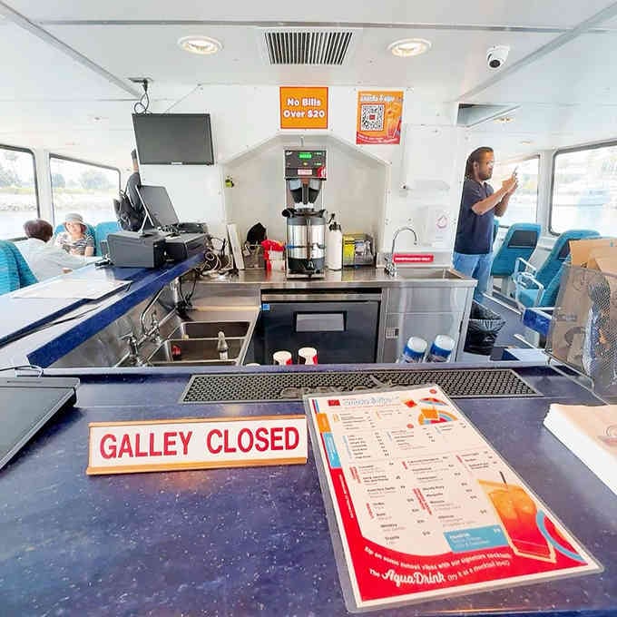 The onboard galley stands ready, because even a short cruise is better with refreshments within reach.
