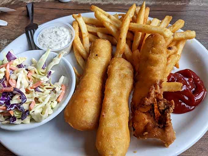 Golden fish and chips with fries that could feed a small gathering. The coast delivers again.