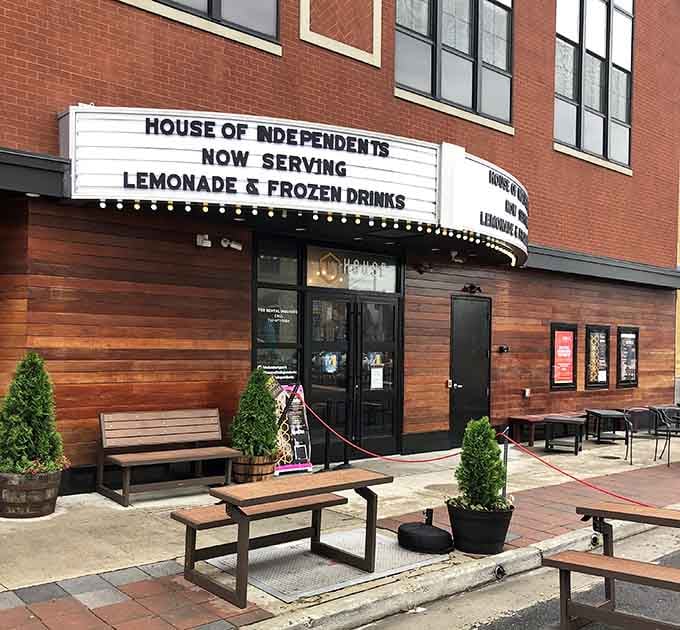 The House of Independents marquee advertises lemonade like it's the headliner, because sometimes simple refreshment steals the show completely.