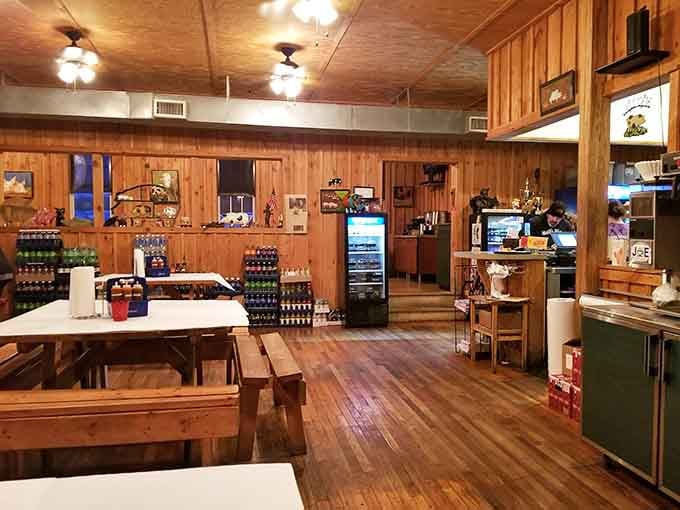 Simple seating, honest atmosphere, and shelves lined with sauces&mdash;everything here exists to celebrate the meat.