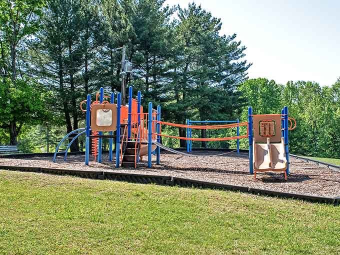 Bright playground equipment keeps little ones entertained between beach sessions and s'mores by the campfire.