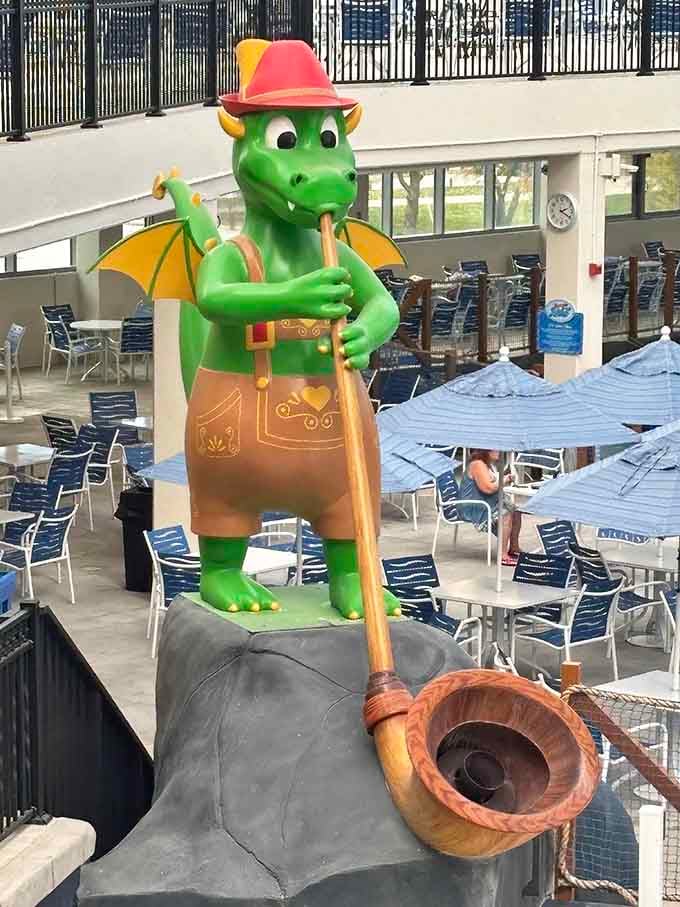 This cheerful Bavarian dragon mascot stands guard over the pools, looking far friendlier than any mythical creature has a right to be.