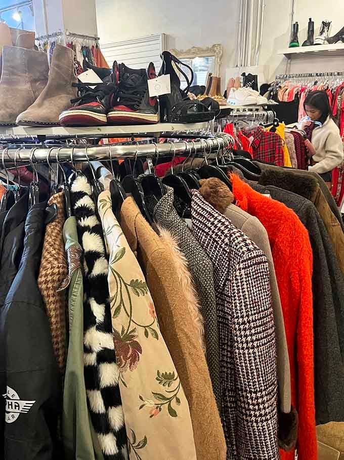 Vintage coats lined up like soldiers of style, each one ready to make you look mysteriously cool and interesting.