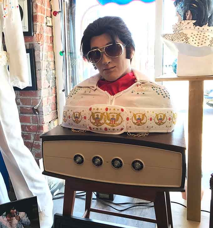 This jeweled jumpsuit bust captures Vegas-era Elvis in all his rhinestone-studded, larger-than-life glory and excess.