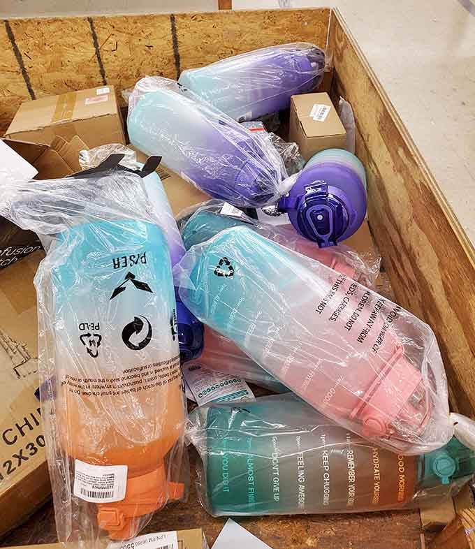 Colorful water bottles in every shade of the rainbow, because hydration should be both affordable and Instagram-worthy, apparently.