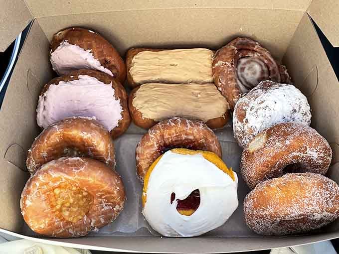 Glazed, powdered, and cream-filled perfection that makes you wonder why anyone bothers with fancy breakfast anywhere else.