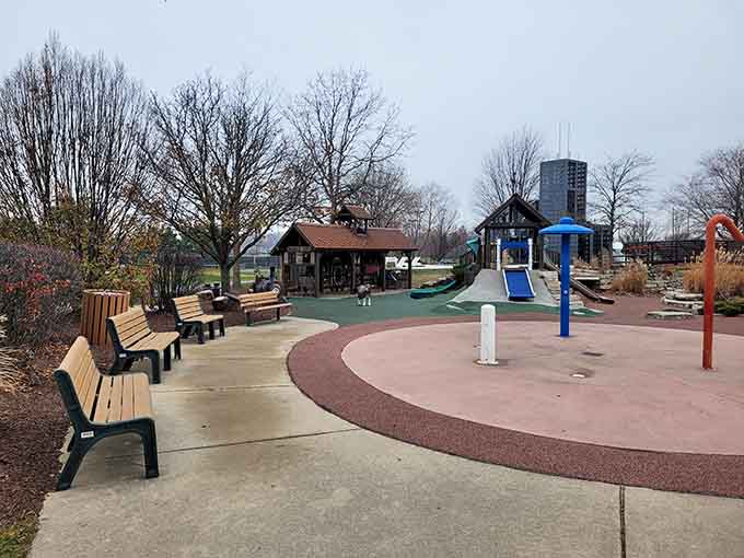 Benches strategically placed for parents to rest their weary bones while maintaining visual contact with their offspring.