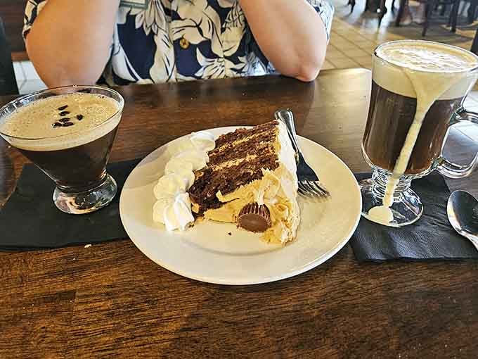Cake and coffee presented like this proves someone in that kitchen understands that dessert isn't just food, it's therapy.