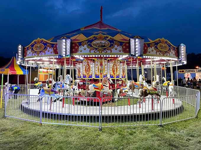 This carousel glows like a jewel box at twilight, spinning childhood dreams under the Indiana sky with timeless grace.