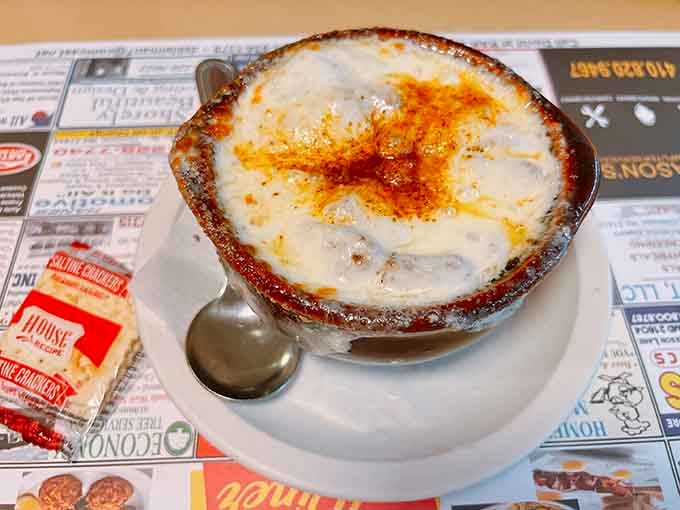 French onion soup with that cheese pull that makes you want to post it everywhere and tag everyone.