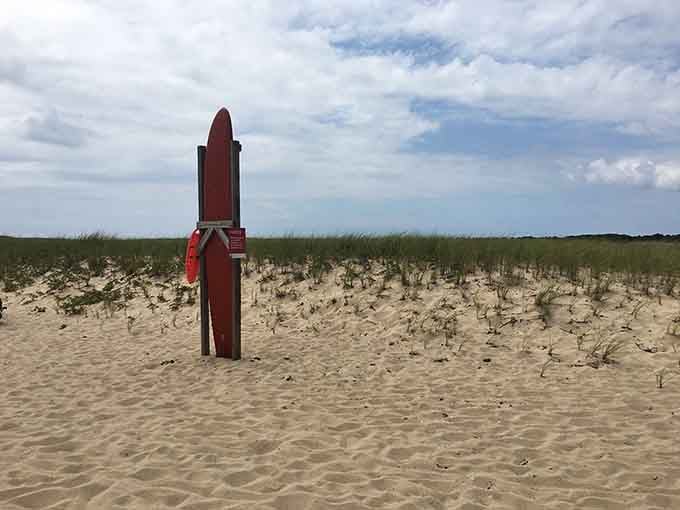 Standing sentinel in the dunes, this rescue board waits patiently like a lifeguard's trusty sidekick ready for action when needed.