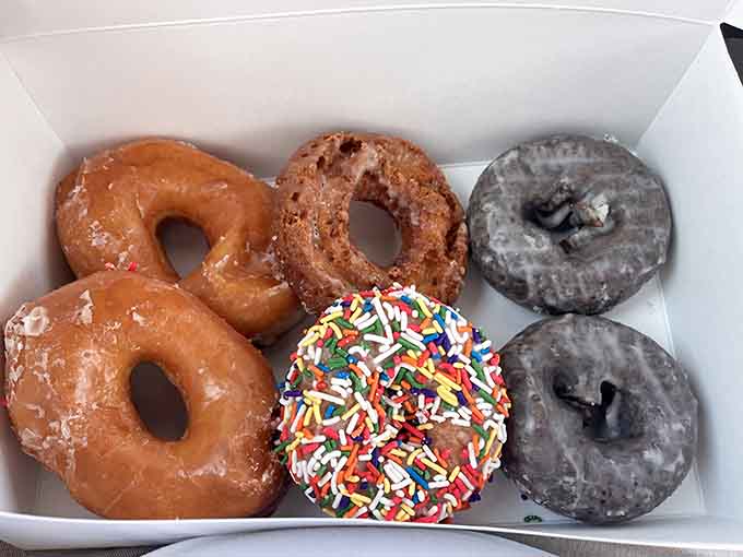 Different personalities in one box: the classic glazed, the sophisticated chocolate, the festive sprinkled, and the underrated sour cream.