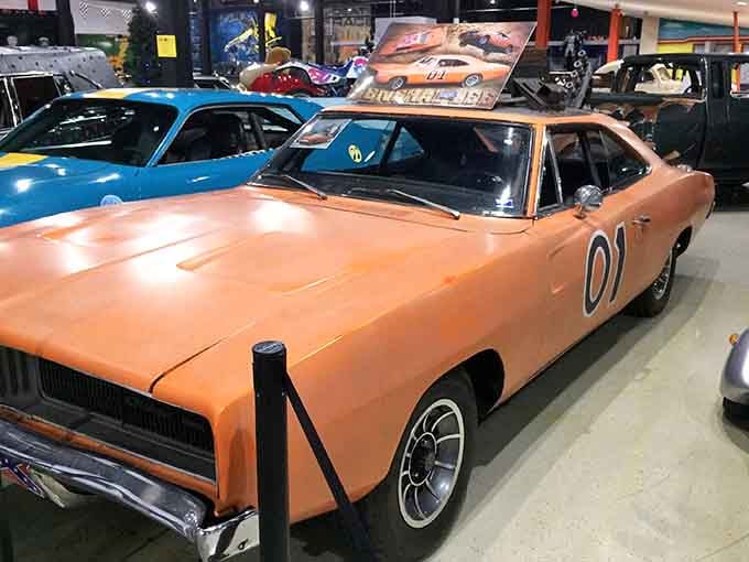 The General Lee sits ready to jump another creek, orange paint gleaming under perfect lighting.