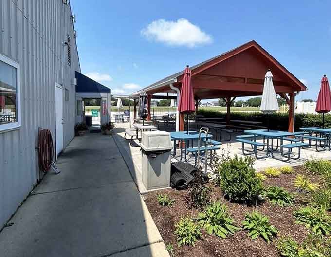 Outdoor seating where you can enjoy your meal and pretend you're about to jet off somewhere exotic.