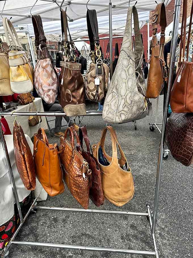 Leather bags hang like a fashionista's dream closet, proving vintage beats fast fashion every single time without question.