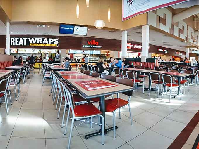 A food court that understands the fundamental truth: shopping burns calories, and those calories need immediate replacement with convenient sustenance.