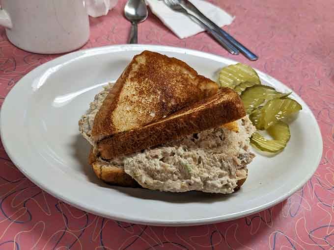 Golden-grilled bread hugging seasoned tuna salad with tangy pickles makes lunch look this good every single time.